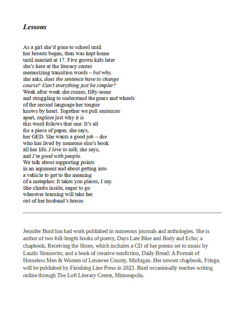 Lessons / Jennifer Burd – Third Wednesday Magazine