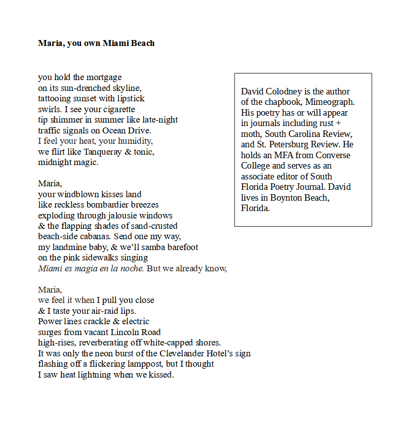 Maria, You Own Miami Beach / David Colodney – Third Wednesday Magazine