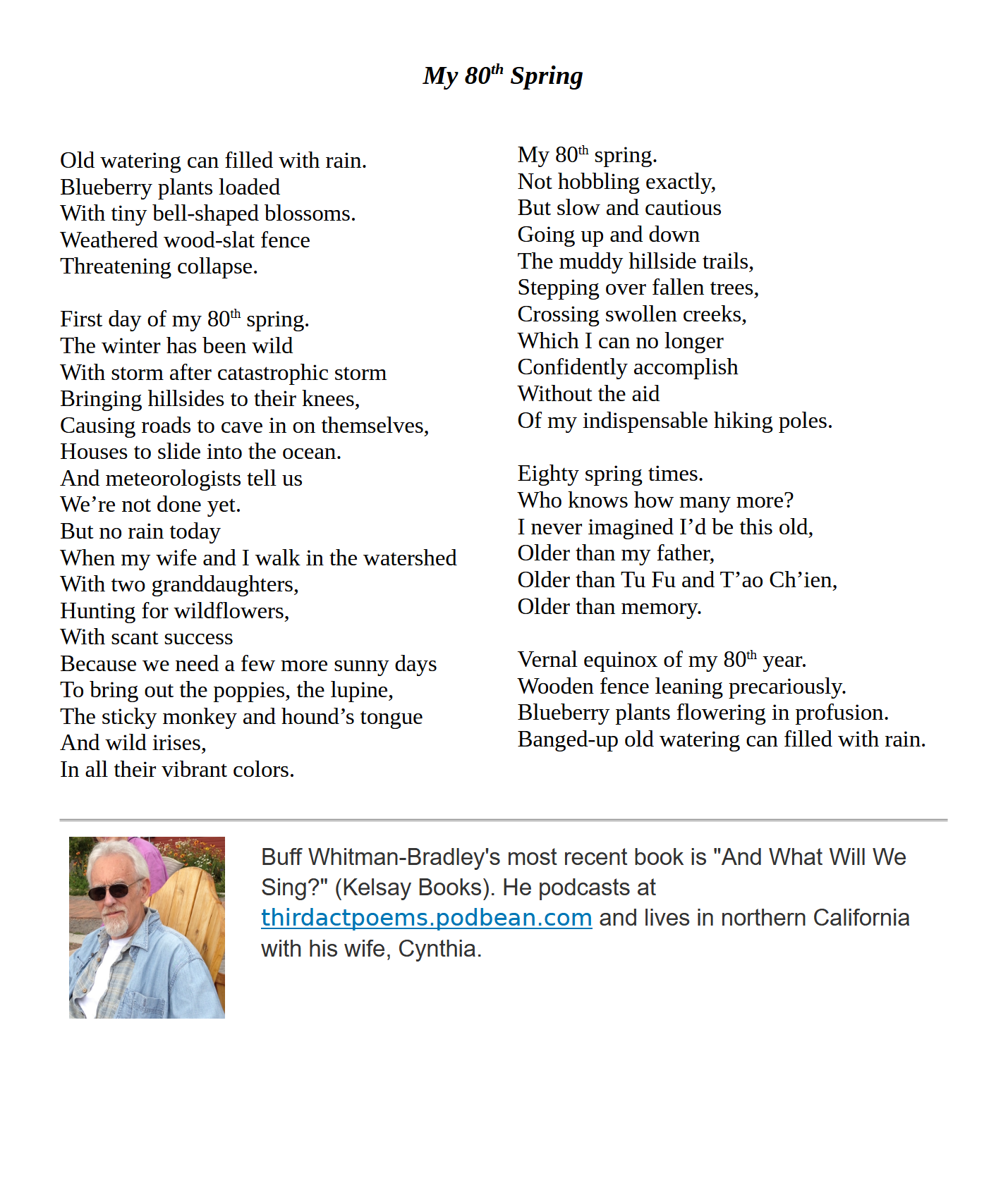 My 80th Spring / Buff Whitman-Bradley – Third Wednesday Magazine