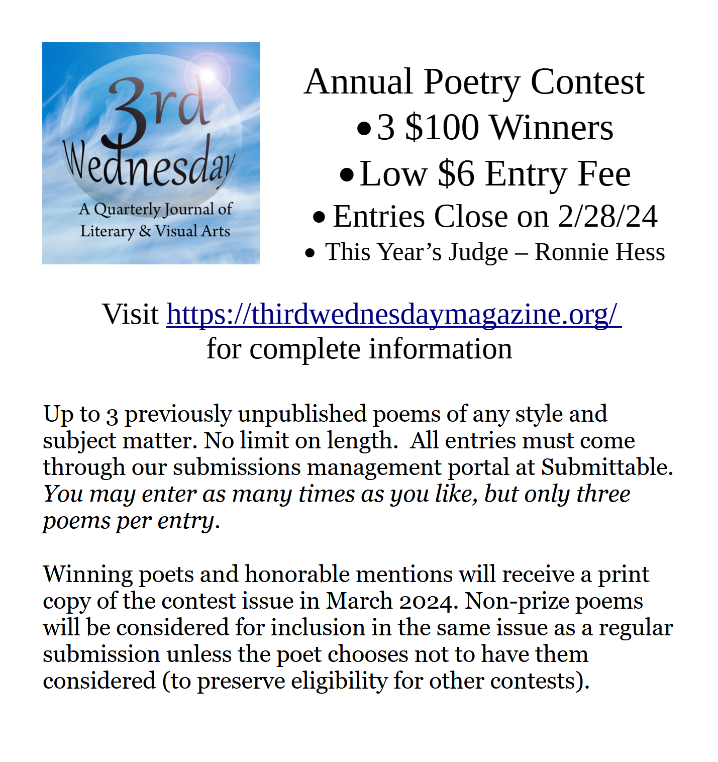 Annual Poetry Contest Now Open for Entries – Third Wednesday Magazine
