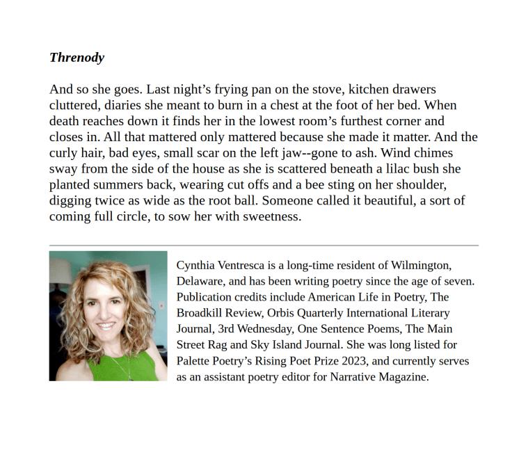 Threnody / Cynthia Ventresca – Third Wednesday Magazine