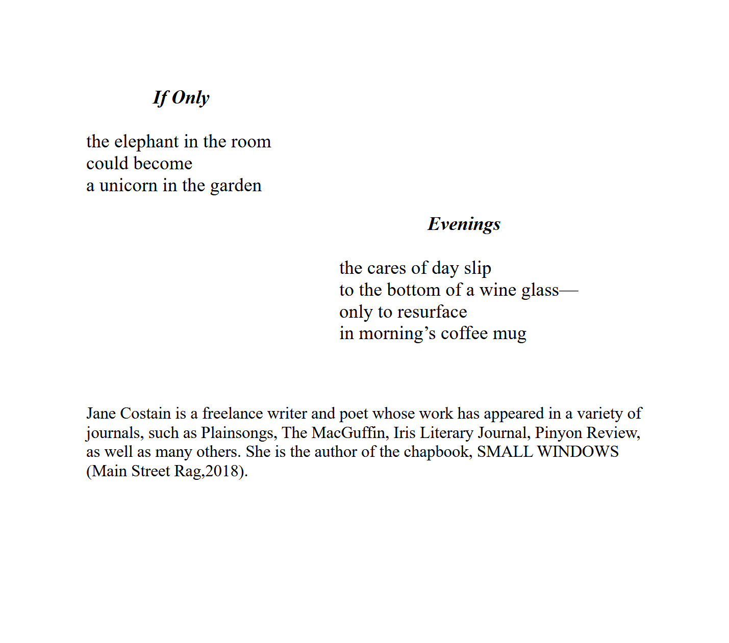 Two Poems by Jane Costain – Third Wednesday Magazine