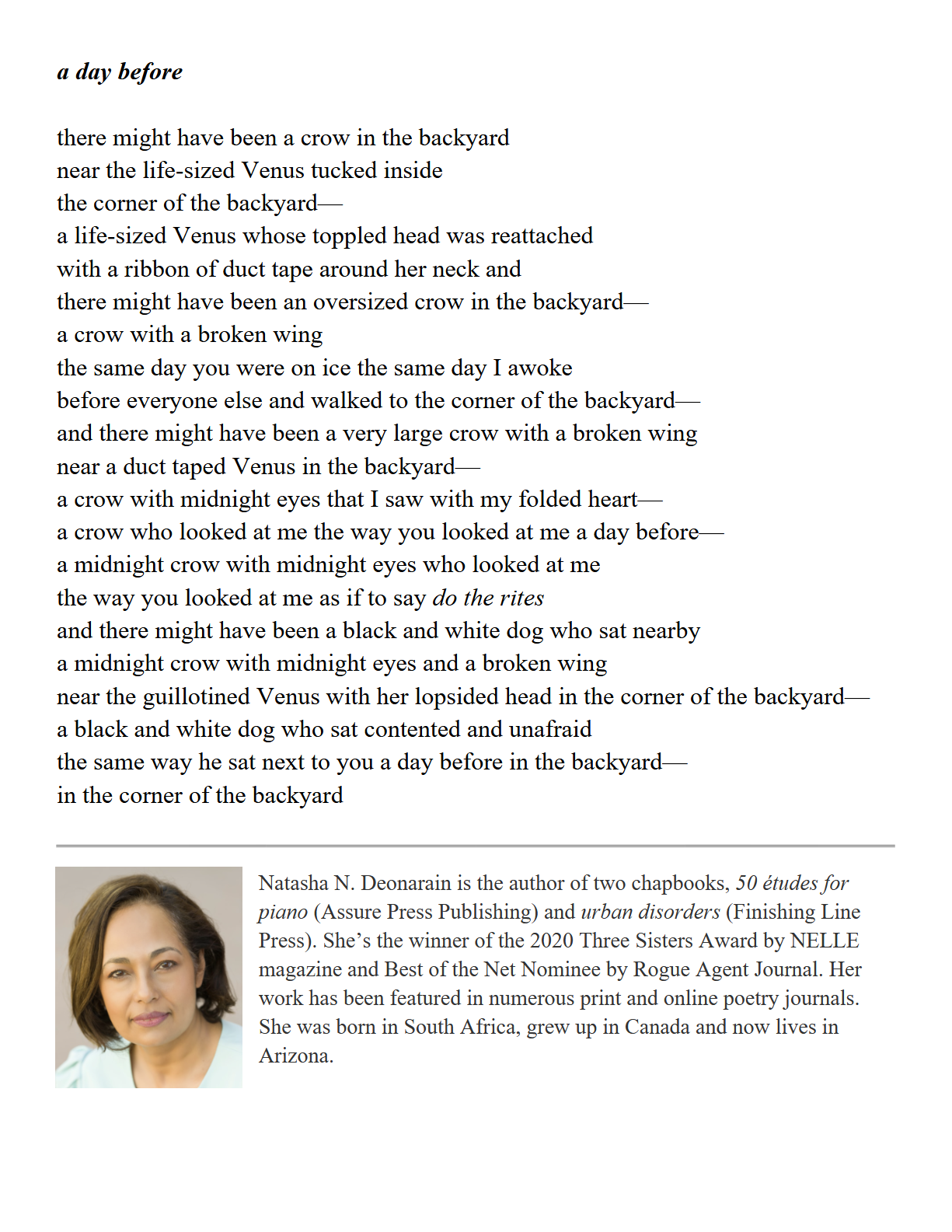 a day before / Natasha Deonarain – Third Wednesday Magazine