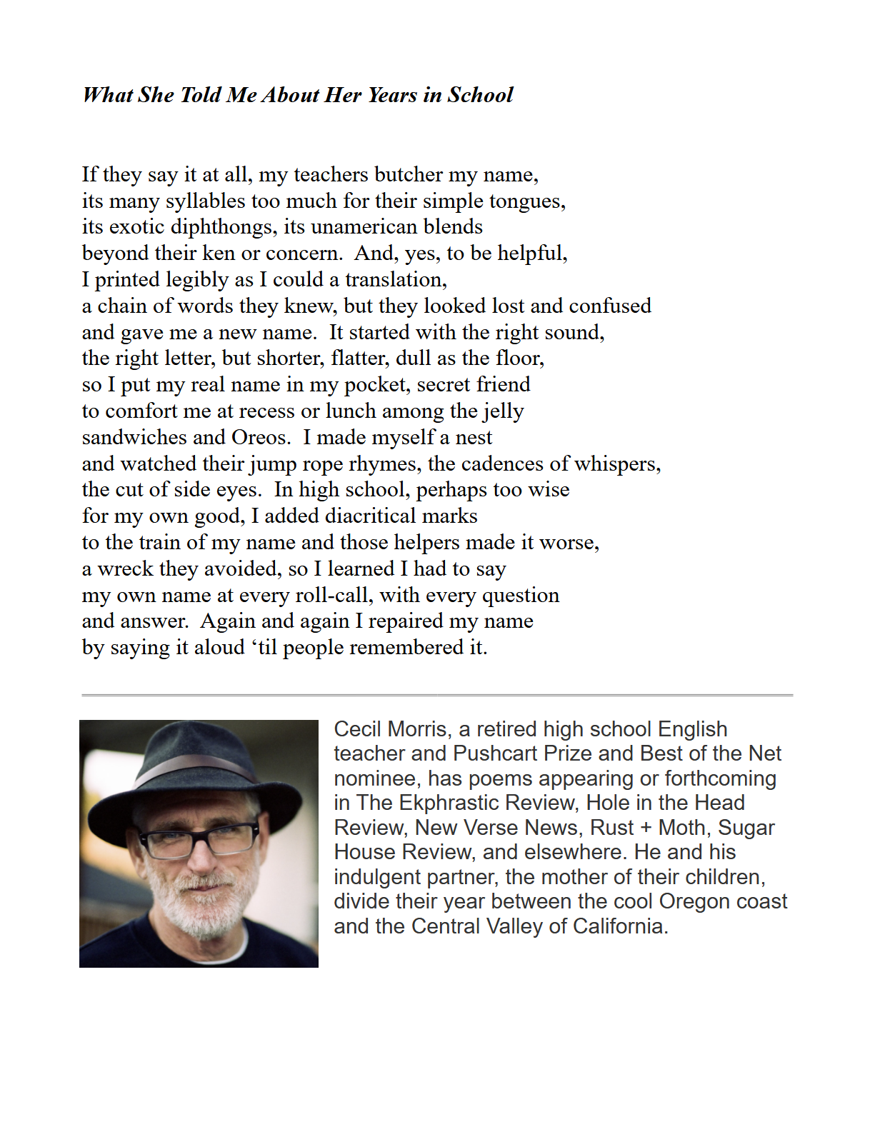 What She Told Me About Her Years in School / Cecil Morris – Third ...