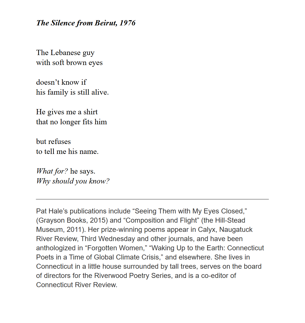 The Silence from Beirut, 1976 / Patricia Hale – Third Wednesday Magazine