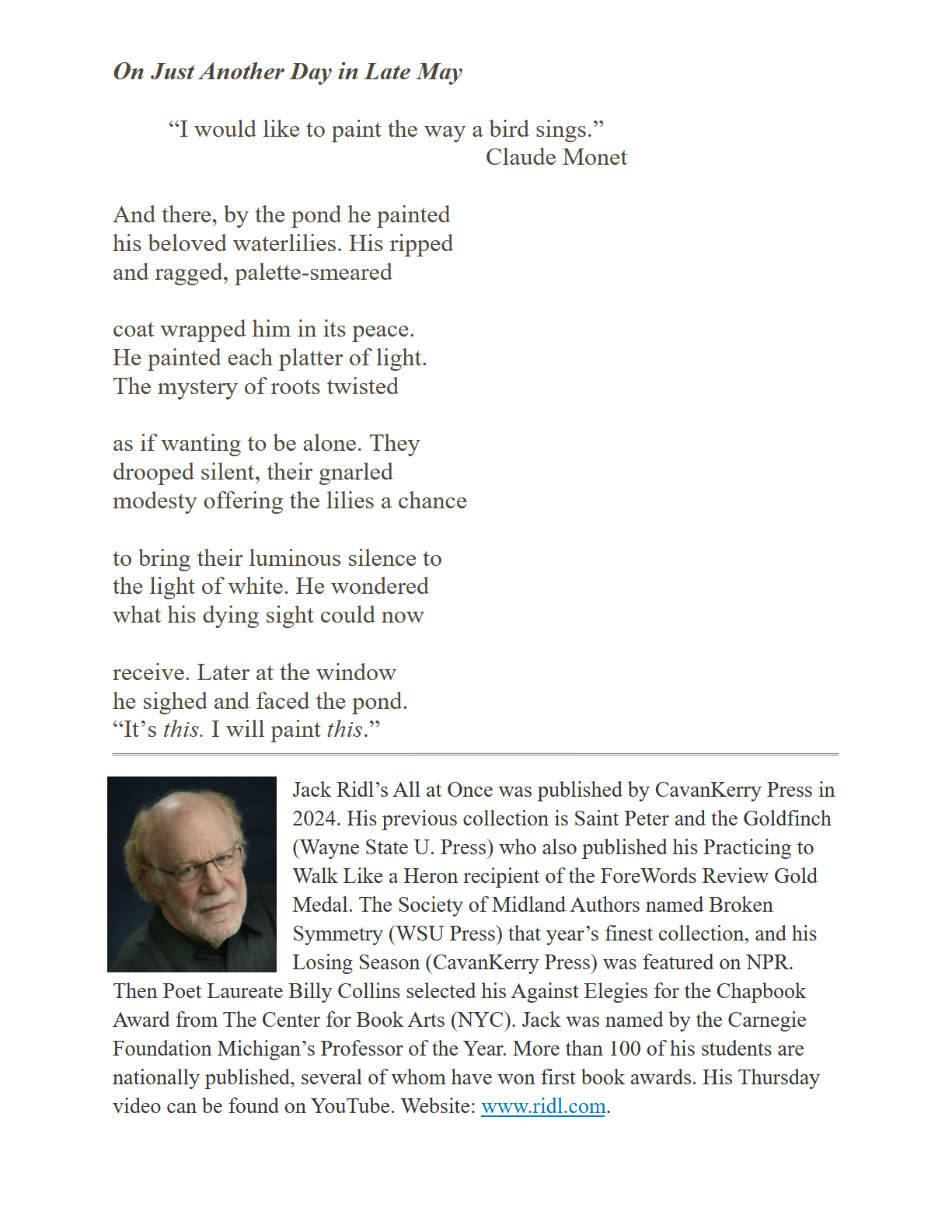 Just Another Day in Late May / Jack Ridl – Third Wednesday Magazine