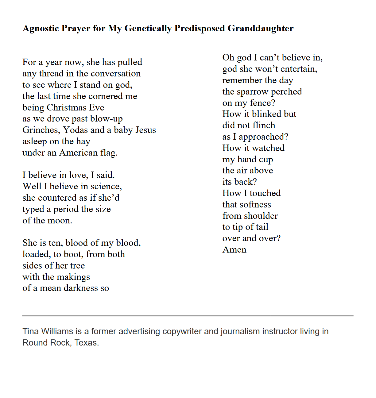 Agnostic Prayer for My Genetically Predisposed Granddaughter / Tina ...