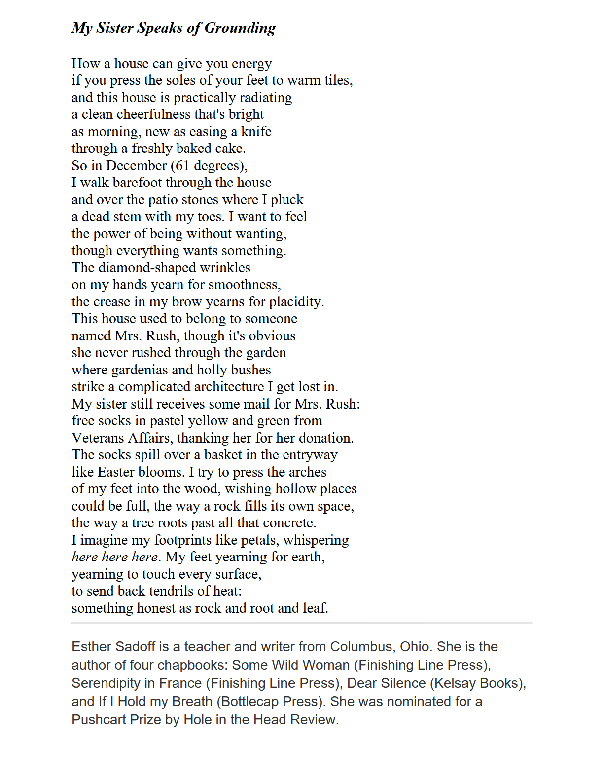 My Sister Speaks of Grounding / Esther Sadoff – Third Wednesday Magazine