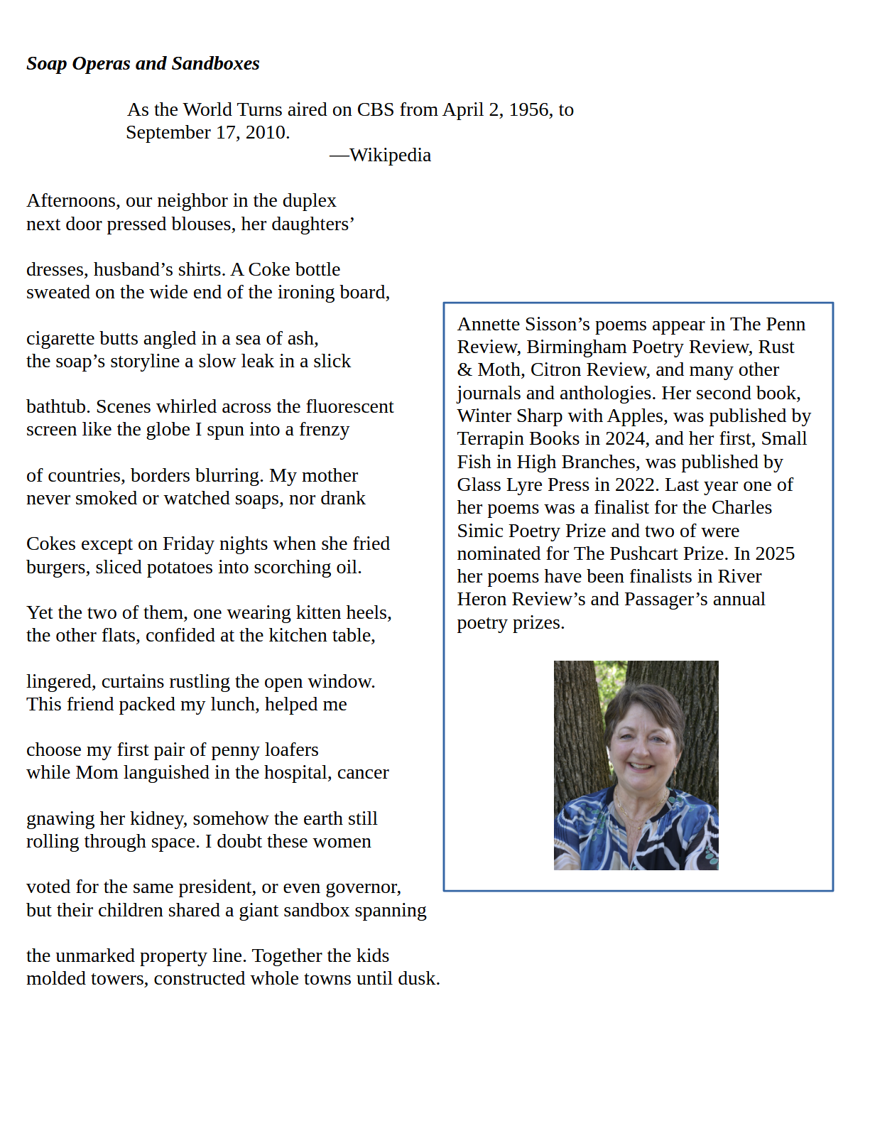 Soap Operas and Sandboxes / Annette Sisson – Third Wednesday Magazine