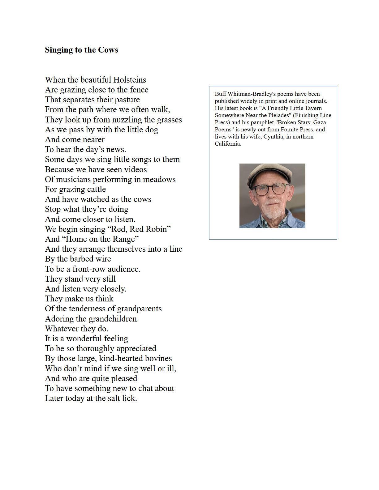 Singing to the Cows / Buff Whitman-Bradley – Third Wednesday Magazine