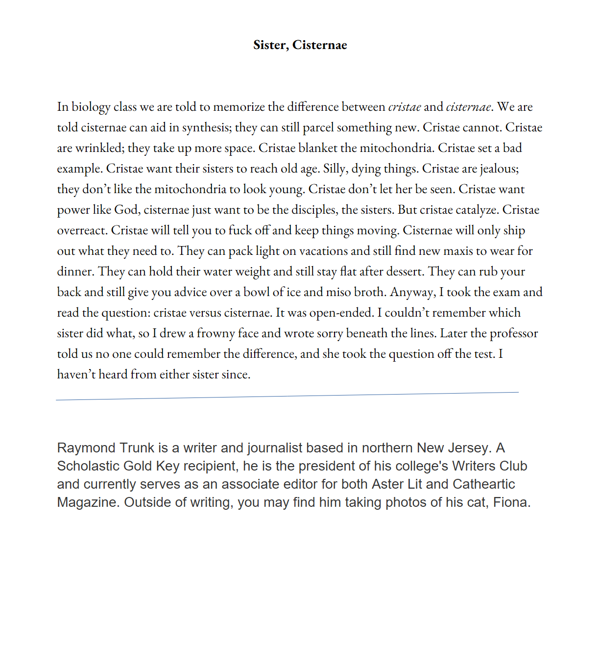 Sister, Cisternae / Raymond Trunk – Third Wednesday Magazine